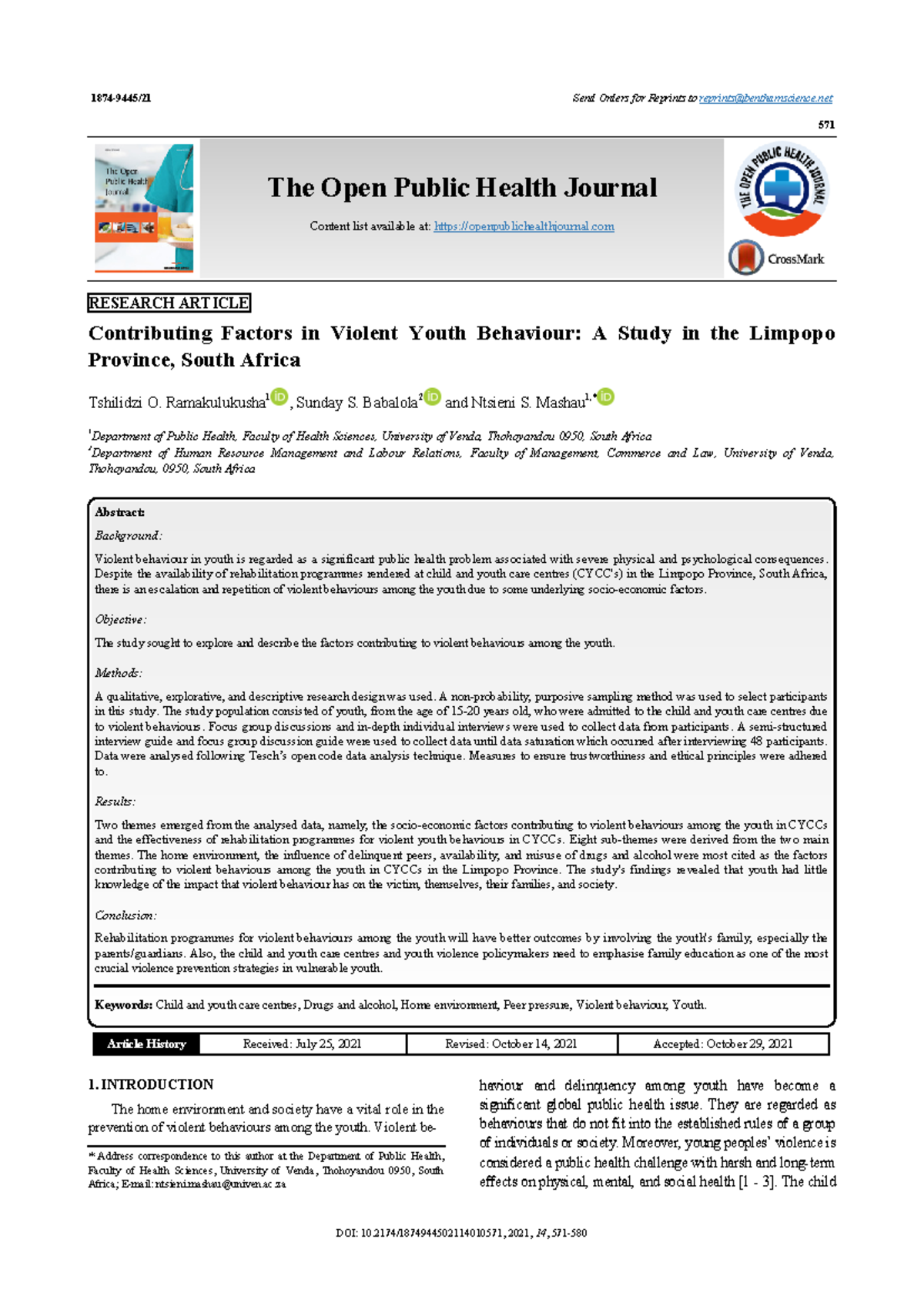 Contributing Factors to Violent Youth Behaviour in CYCCs: Limpopo Study ...
