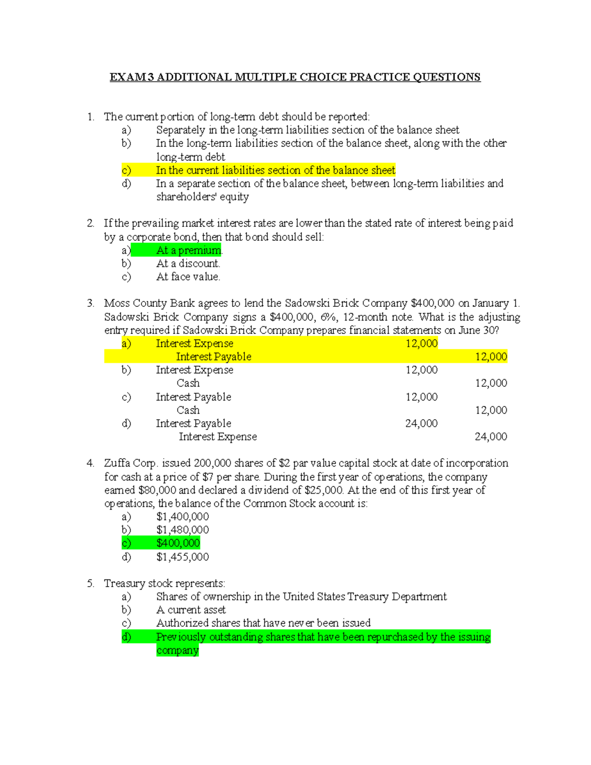 EXAM 3 ADDITIONAL MULTIPLE CHOICE PRACTICE QUESTIONS - EXAM 3 ...