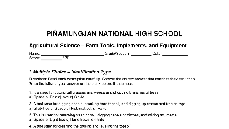 PIÑAMUNGJAN NATIONAL HIGH SCHOOL Agricultural Science Farm Tools Quiz ...