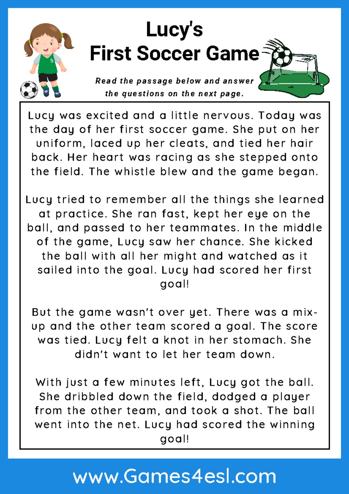 Grade 3 Reading Comprehension Worksheet: Lucy's First Soccer Game - Studocu