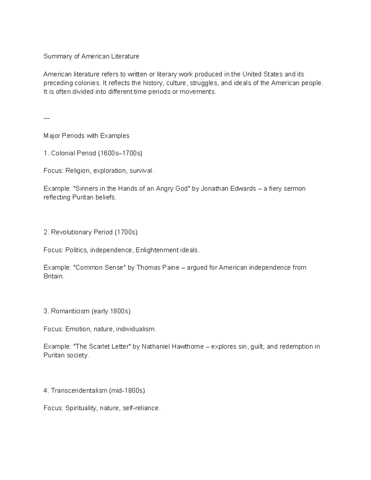 Summary of American literature: key periods and movements - Studocu