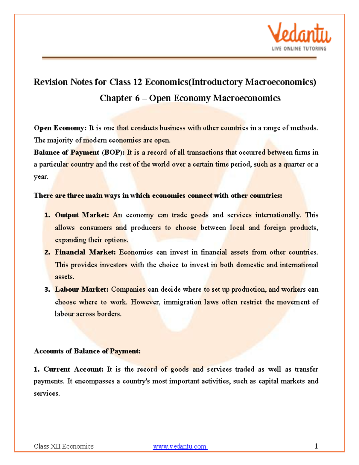 Open Economy Macroeconomics Class 12 Economics Revision Notes - Studocu