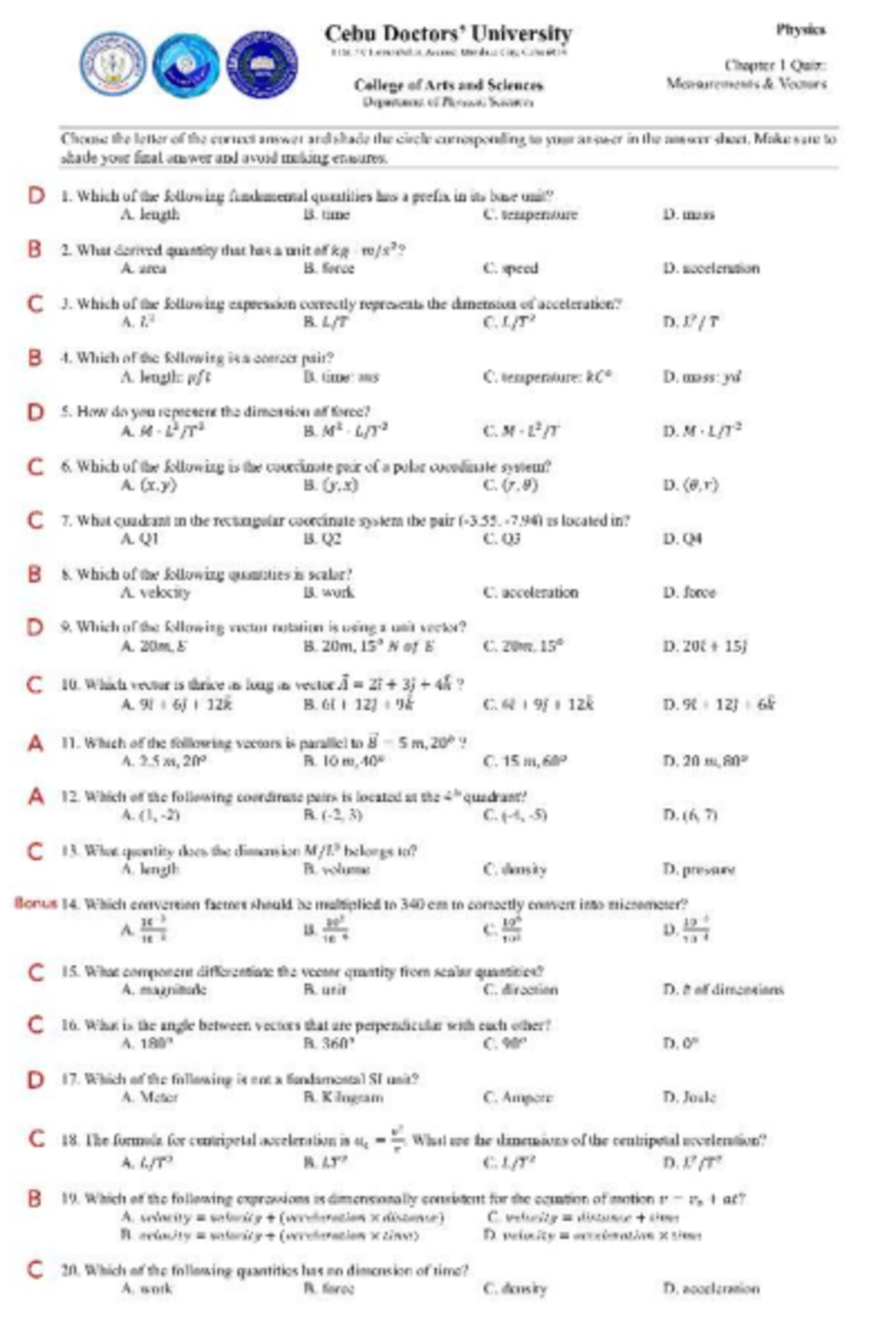 Cebu University PHYSICS 1 Quiz: Chapter 1 Measurements & Vectors - Studocu