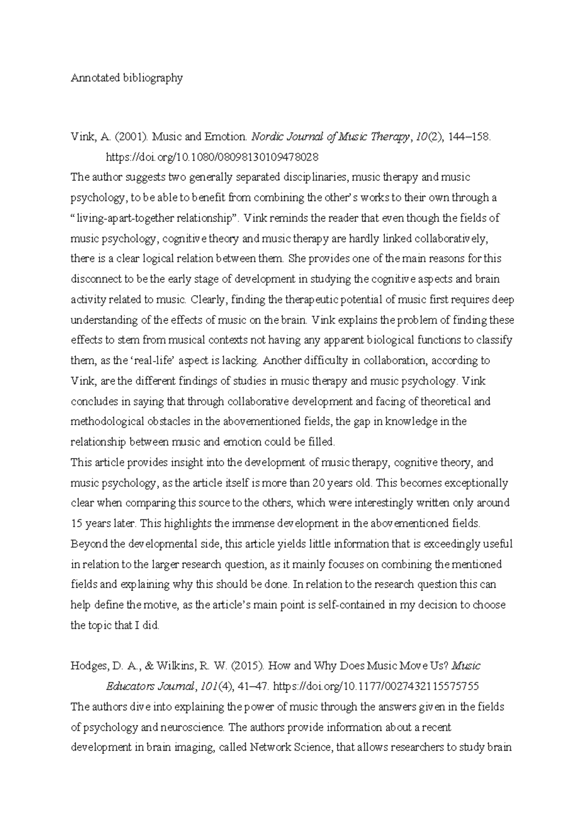 AWS Annotated Bibliography on Music, Emotion & Therapy - Studeersnel