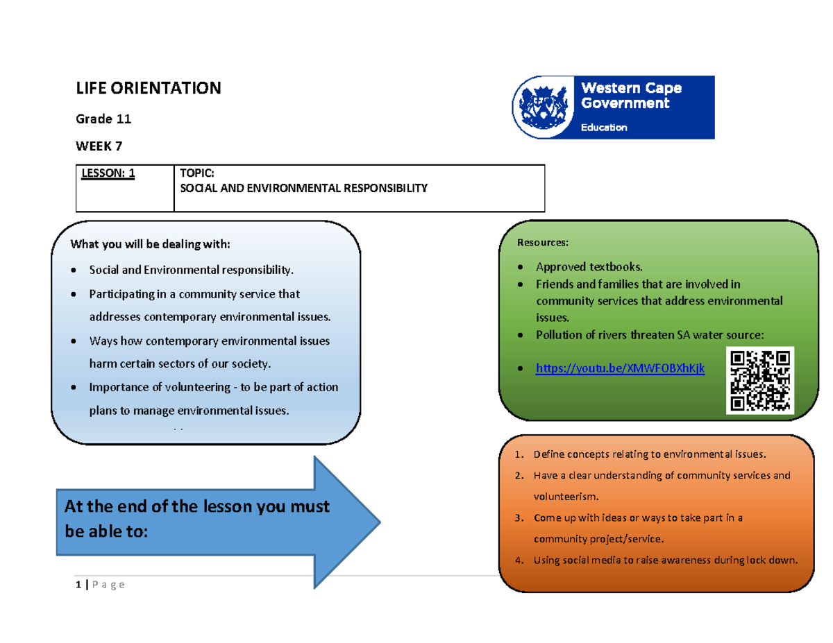 LIFE ORIENTATION Grade 11 Week 7 Lesson: Social & Environmental ...