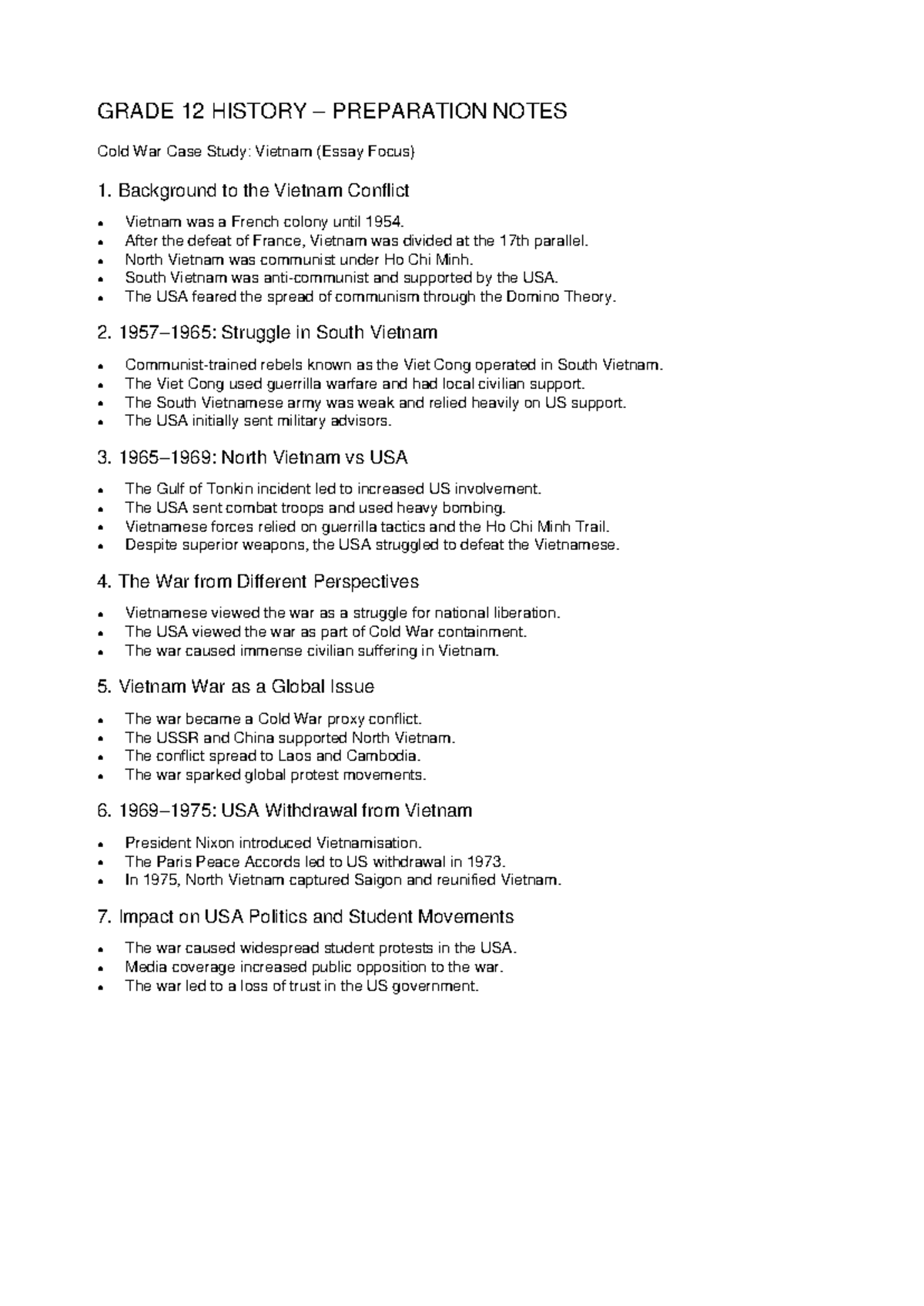 GRADE 12 HISTORY PREP NOTES: Cold War Vietnam Case Study Essay - Studocu