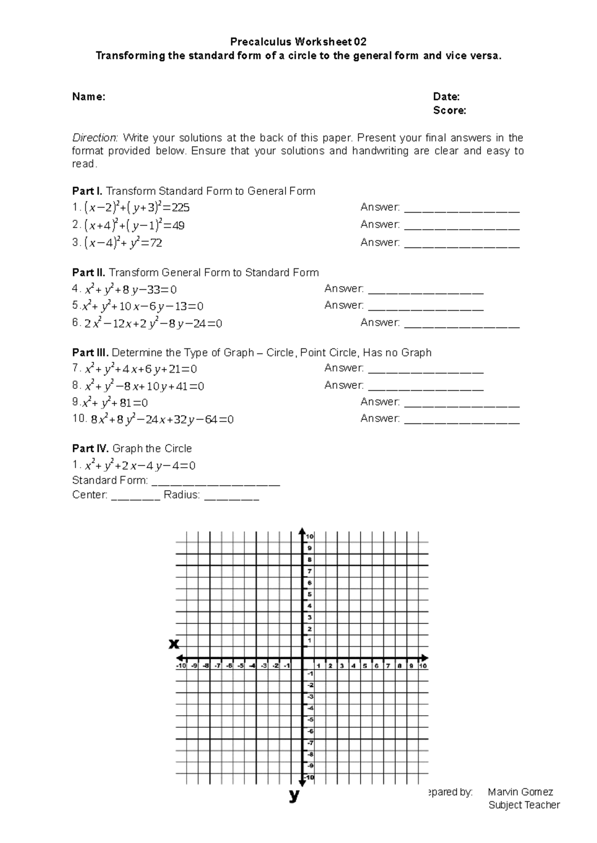 Precalculus Worksheet 02: Transforming Circle Forms - Studocu