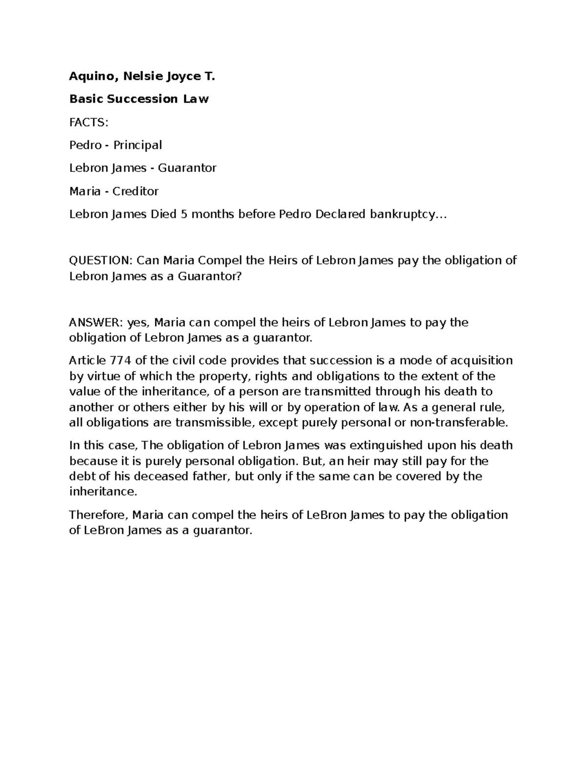 Basic Succession Law Assignment: Heirs' Obligations Explained - Studocu