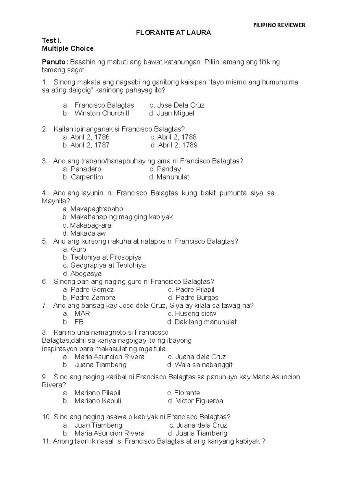 Florante AT Laura - mga tauhan - FLORANTE AT LAURA Test I. Multiple ...