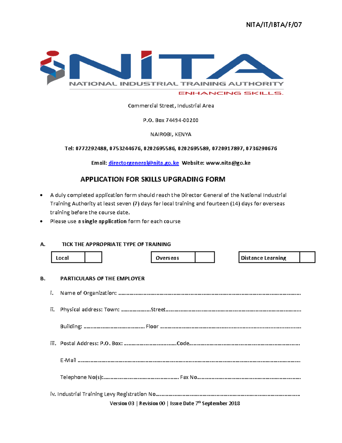 F07 Skills Upgrading Application Form for NITA Training - Studocu