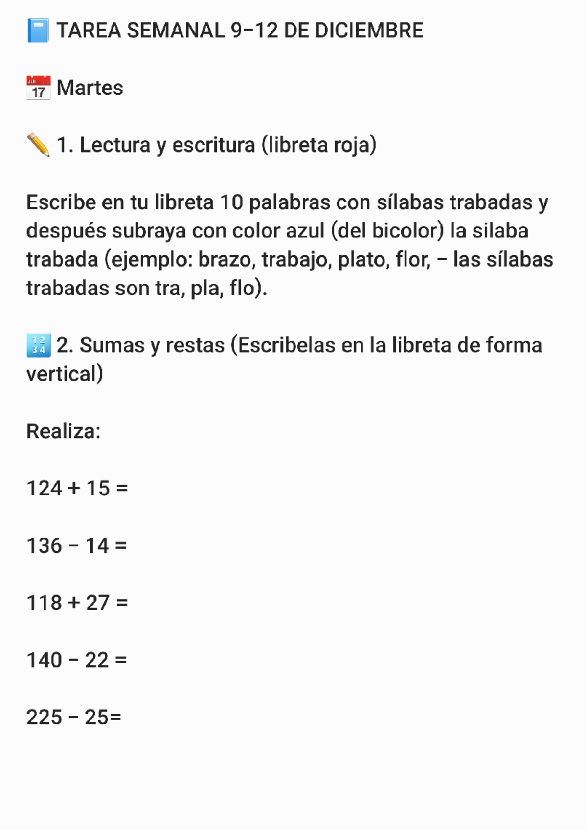 TAREA SEMANAL DE DICIEMBRE - Lectura y Matemáticas - Studocu