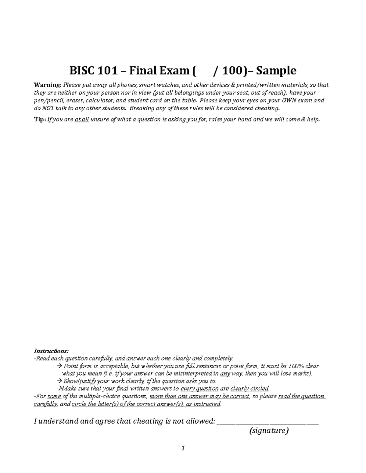 BISC 101 Sample Final Exam - v1 - BISC 101 – Final Exam ( / 100 ...