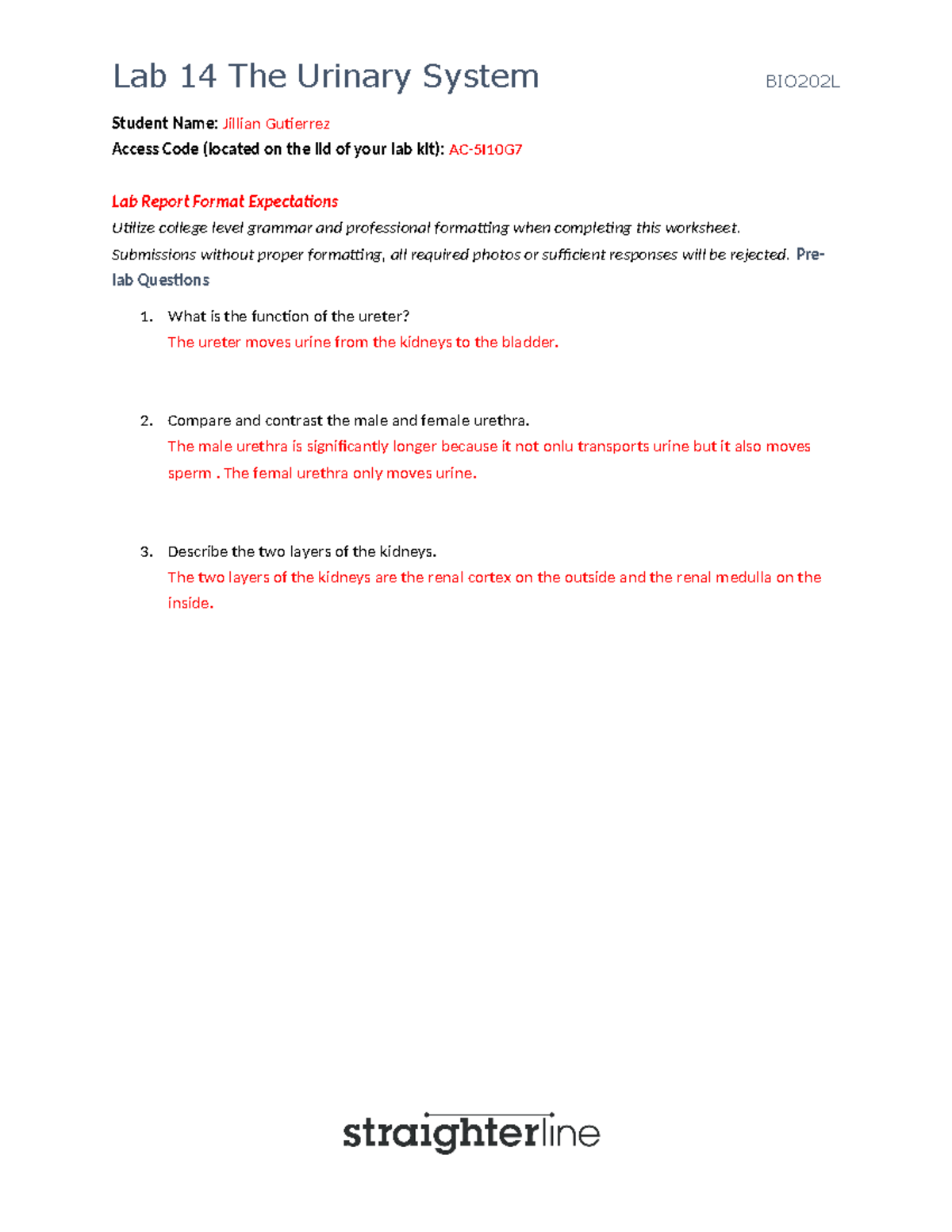 BIO202 Lab 14 - Kidney Function and Urinalysis Report A&P2 - Studocu