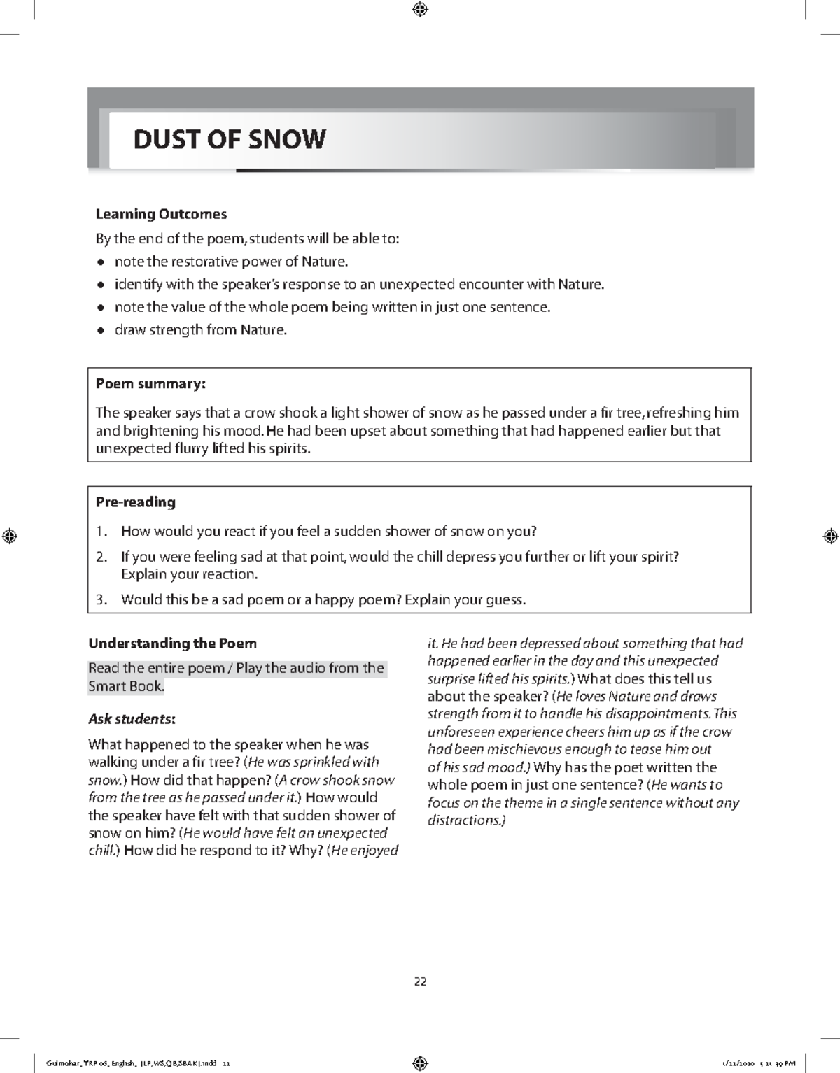 06 ENG Final Exam Chapter 2 Summary and Analysis: DUST OF SNOW - Studocu