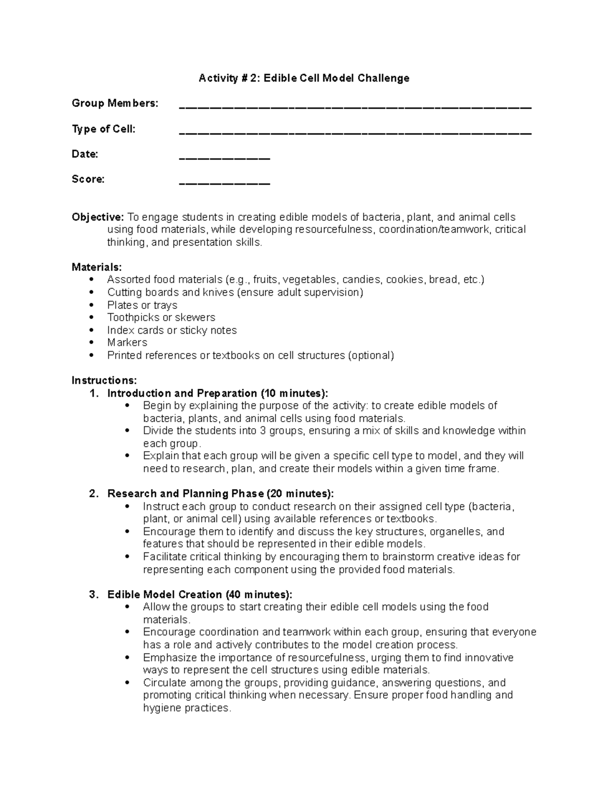Activity #2: Engaging in Edible Cell Model Creation Challenge - Studocu