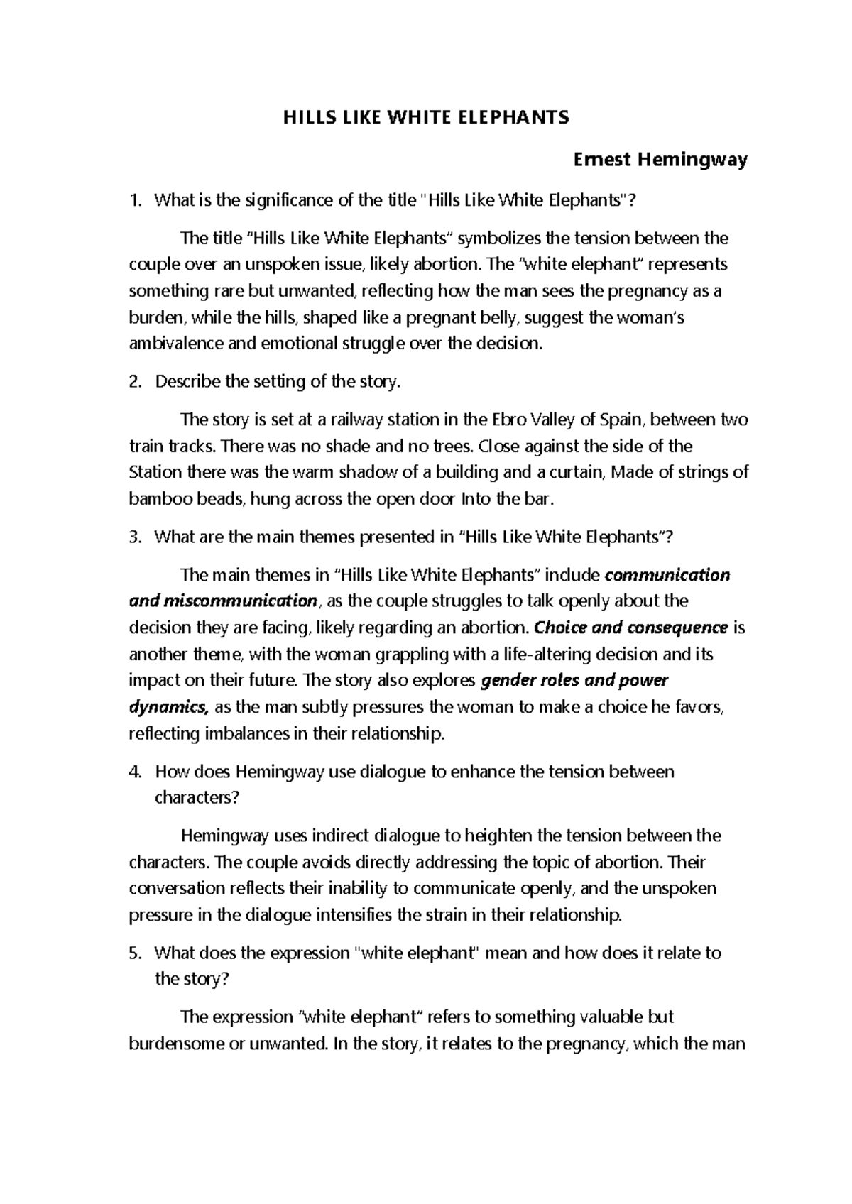Analysis of Hemingway's "Hills Like White Elephants" (ENG 101) - Studocu