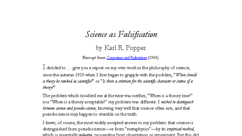 S.2.2 Science as Falsification: Insights from Karl R. Popper - Studocu