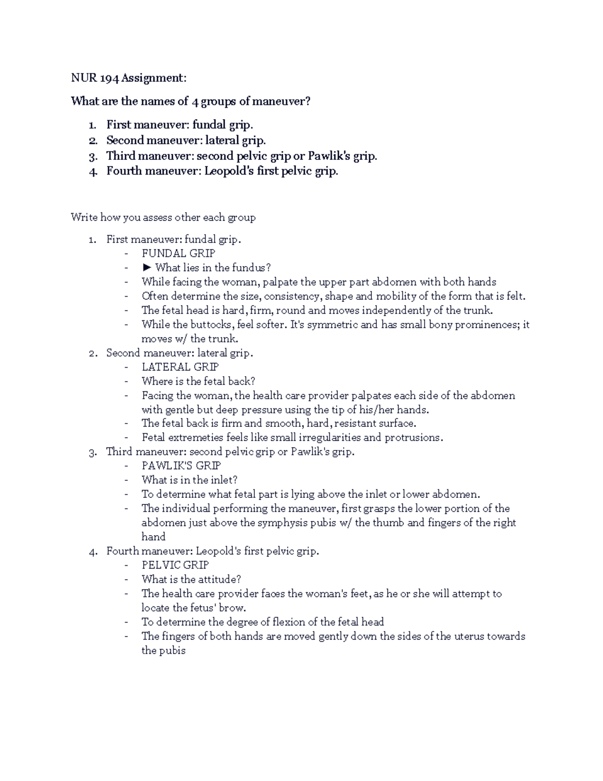NUR 194 Assignment: Understanding Leopold's Maneuver Steps and Groups ...