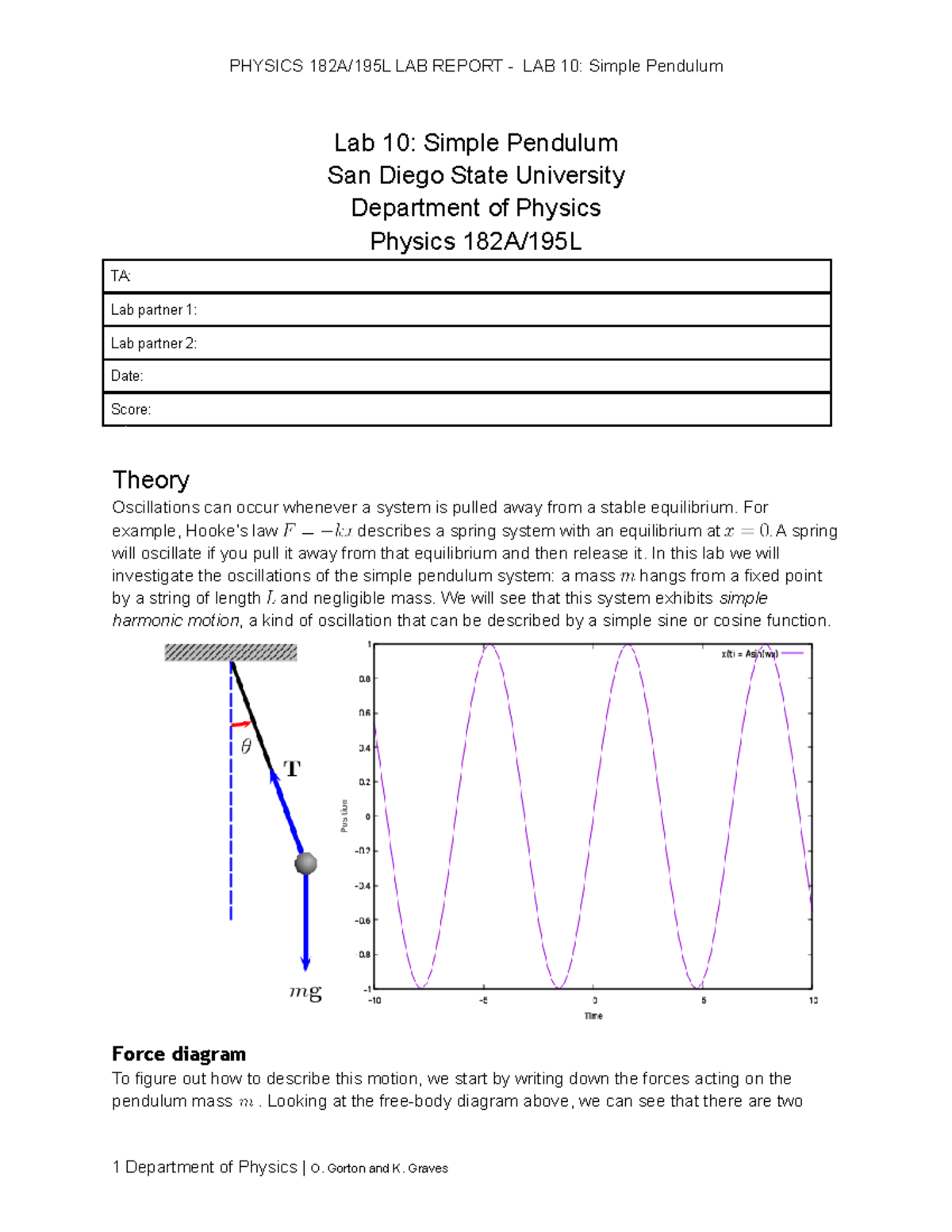 Lab 10 Simple Pendulum - Lab 10: Simple Pendulum San Diego State ...