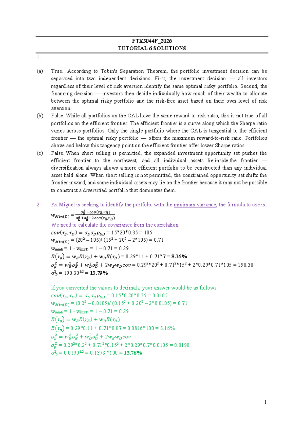 FTX3044F_Tutorial 6 Solutions for 2026 Exam - Studocu