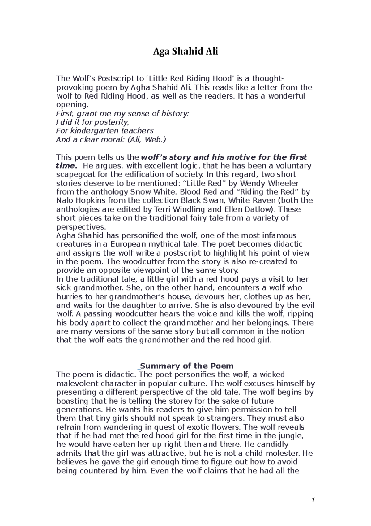 Aga Shahid Ali Lecture Notes English Aga Shahid Ali The Wolf S