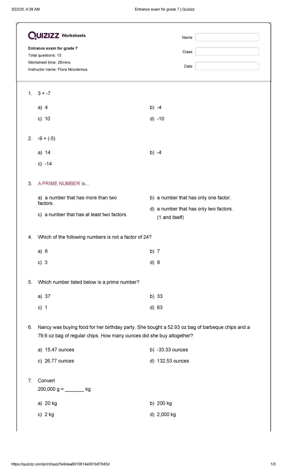 Entrance exam for grade 7 Quizizz math - 3/22/25, 9:38 AM Worksheets ...
