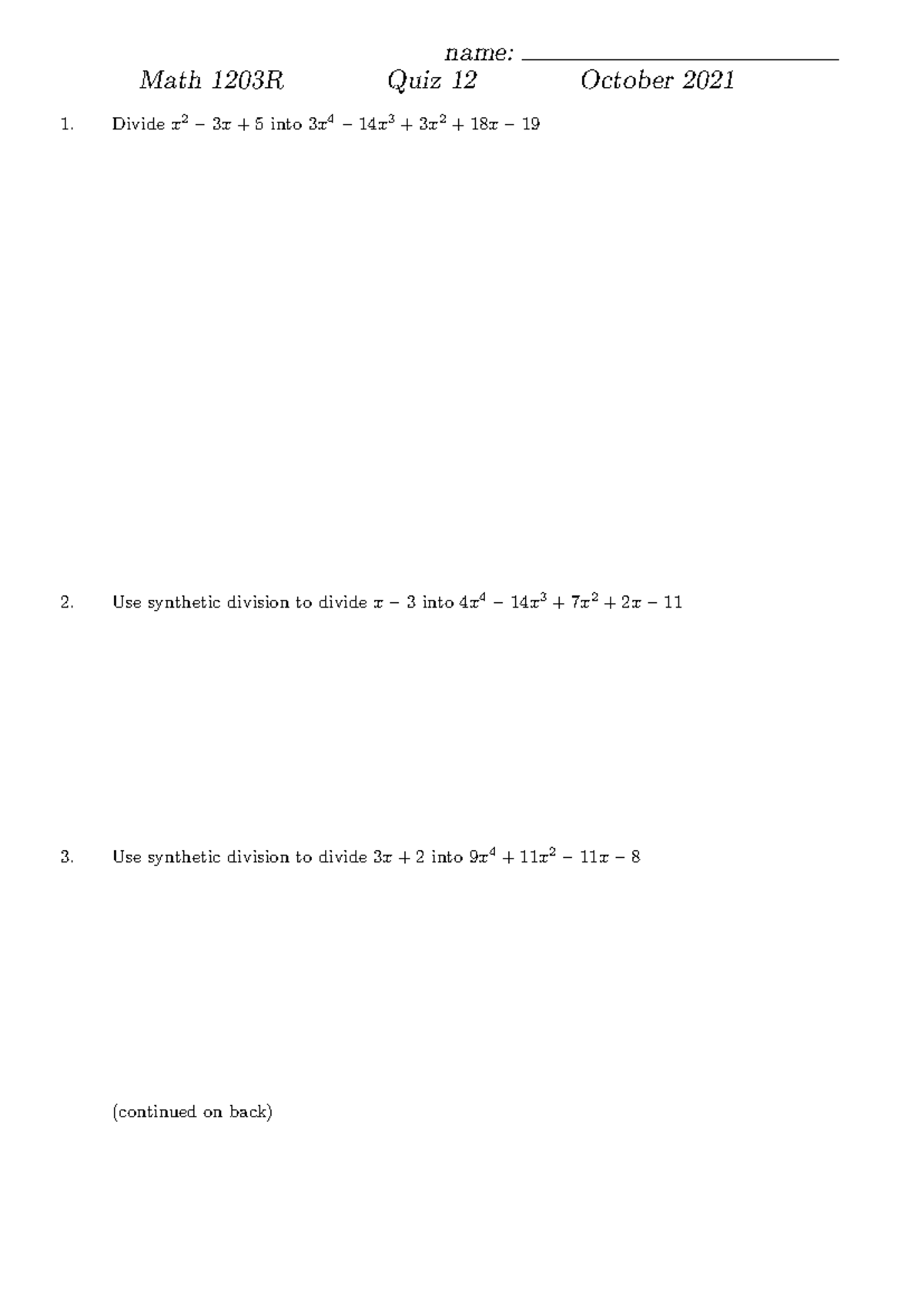 college algebra quiz and answers - Math 1203R Quiz 12 October 2021 name ...