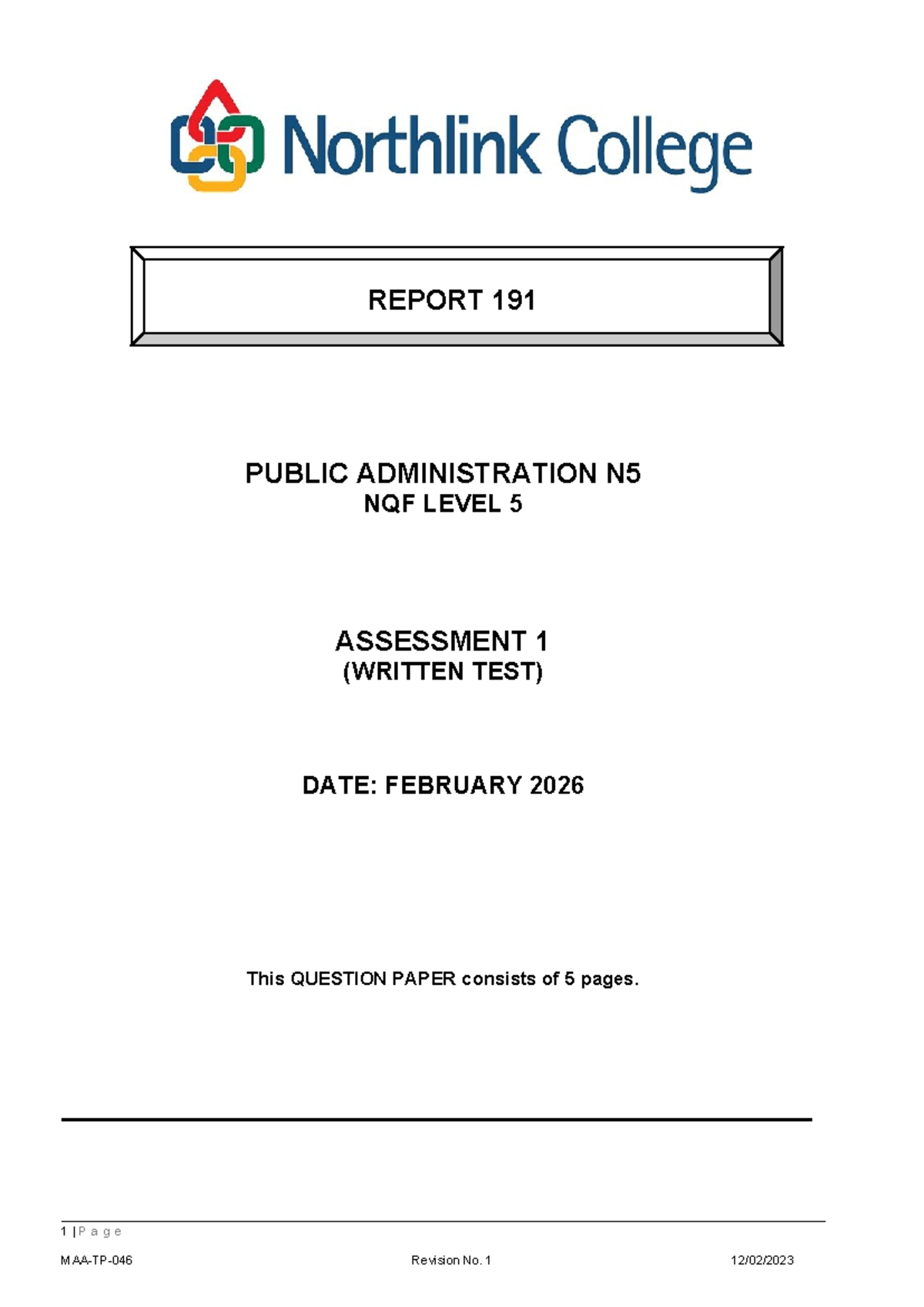 Public Admin N5 Assessment 1 Report: Written Test Overview - Studocu