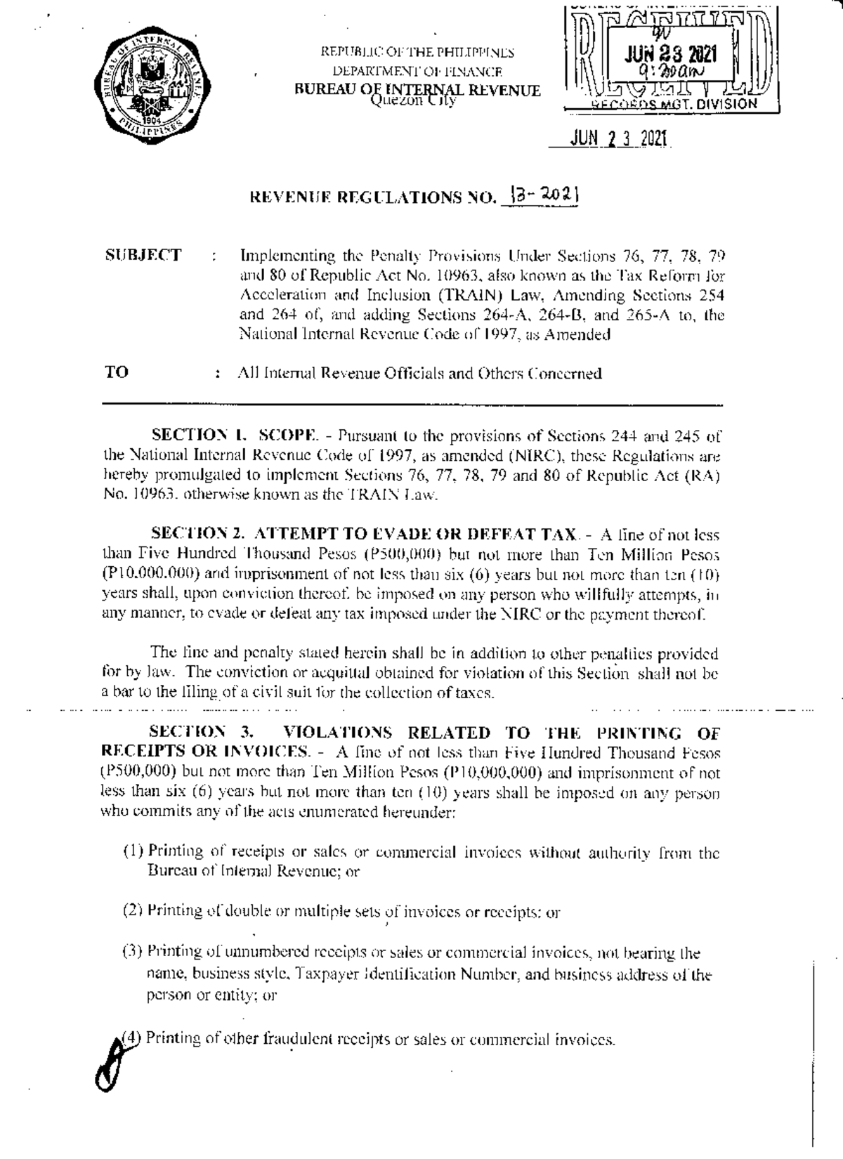 RR No. 17-2021 - Implementing Penalty Provisions of TRAIN Law - Studocu