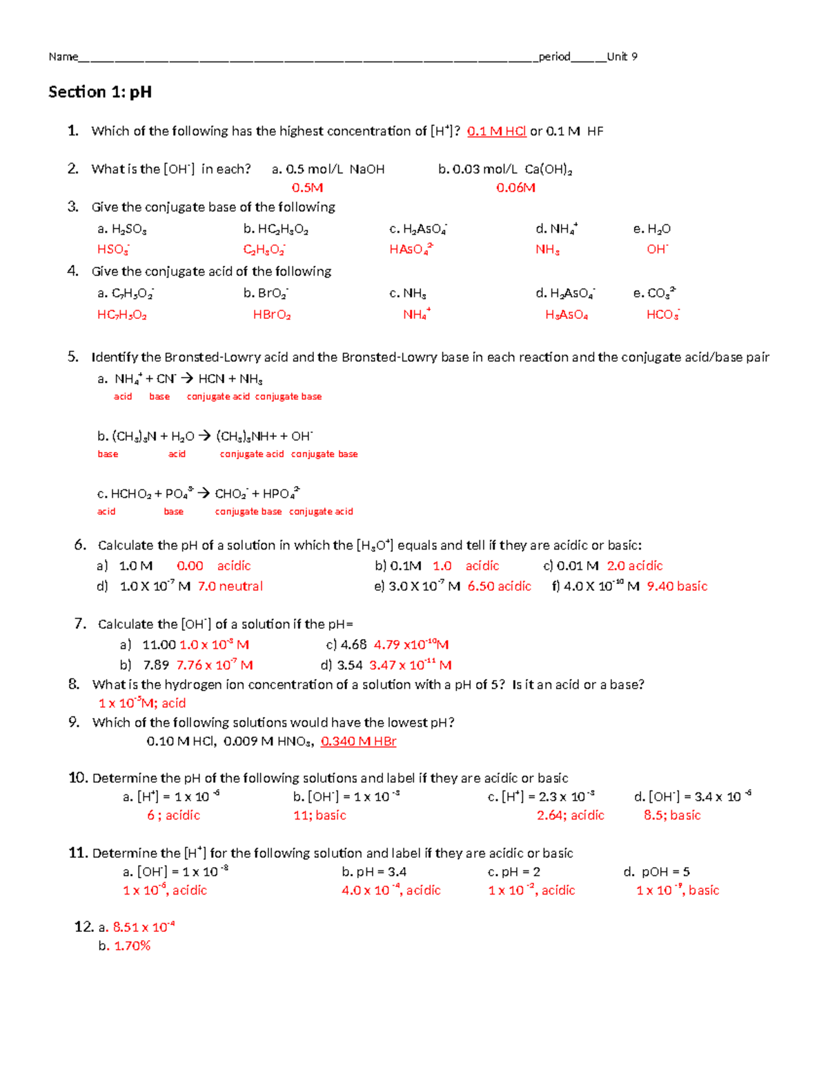 Acid-Base Concepts: pH, Titrations, Weak Acids and Bases - Chem 101 ...