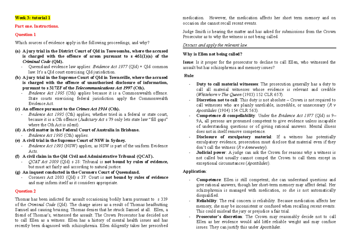 Llb303 Tutorial Notes: Evidence and Procedure from Weeks 3 to 9 - Studocu