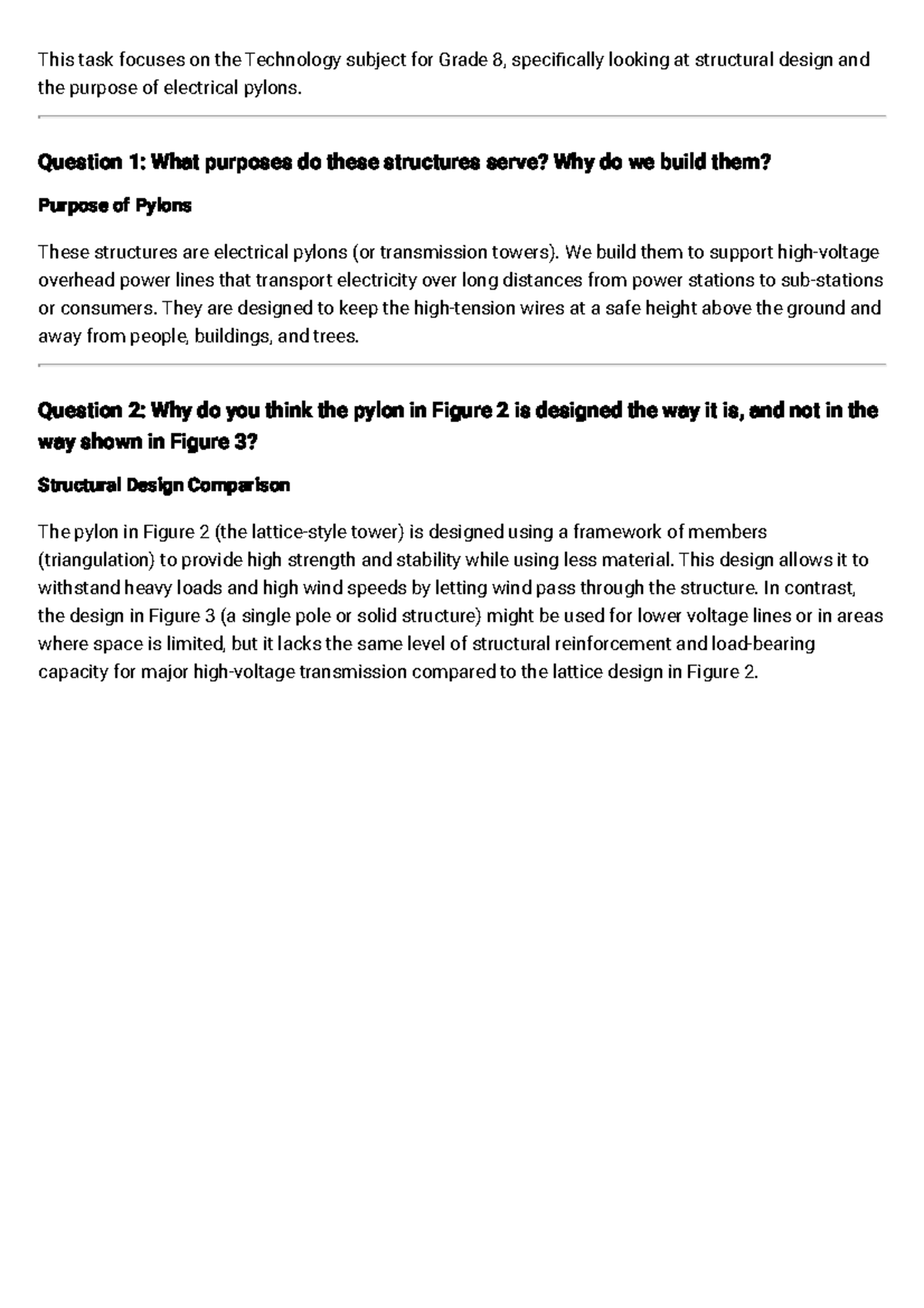 Grade 8 Technology: Structural Design of Electrical Pylons - Studocu