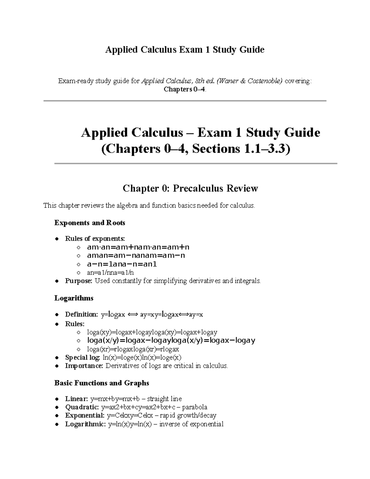 Applied Calculus Exam 1 Study Guide: Chapters 0-4 Overview - Studocu