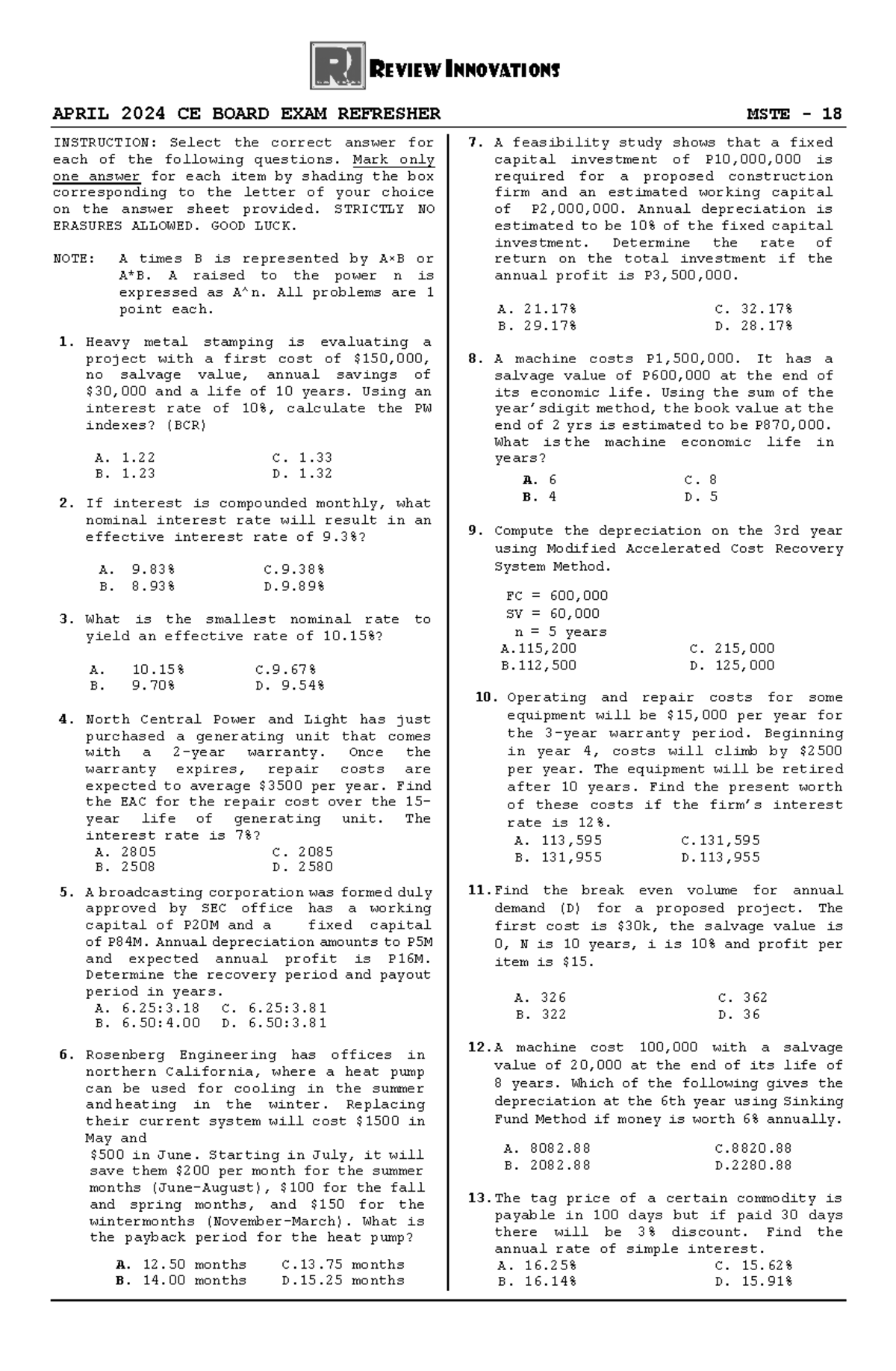 April 2024 MSTE-18 - CE Board Exam Lecture Notes and Review - Studocu