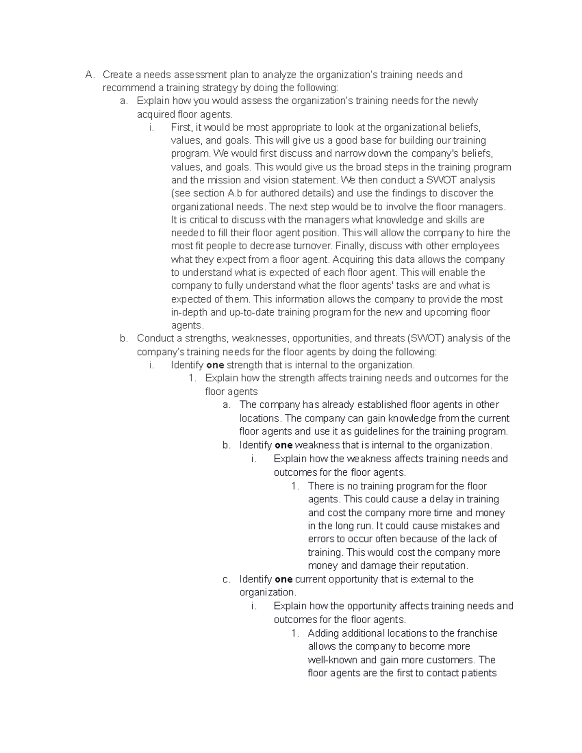 D353 Task 1 - Needs Assessment Plan for Floor Agent Training Strategy ...