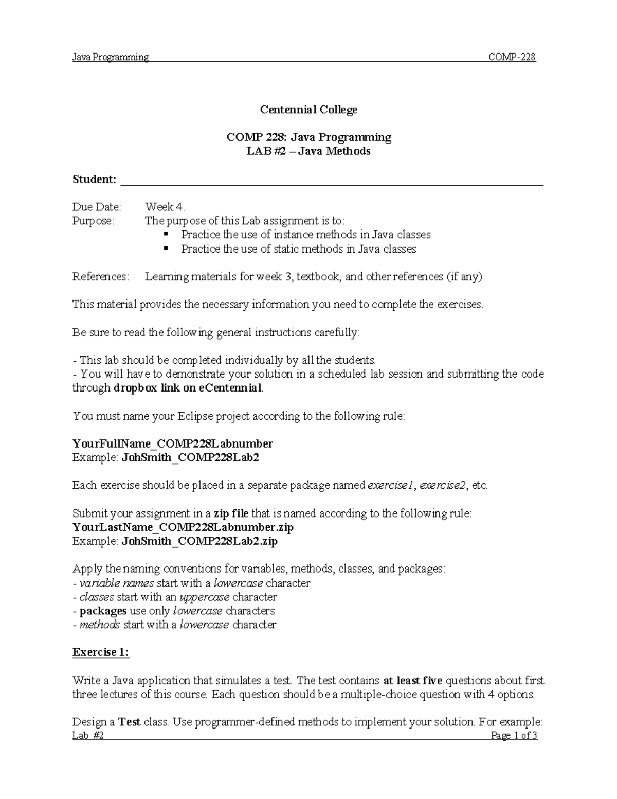 COMP228Lab2 - Java Programming COMP- Centennial College COMP 228: Java ...