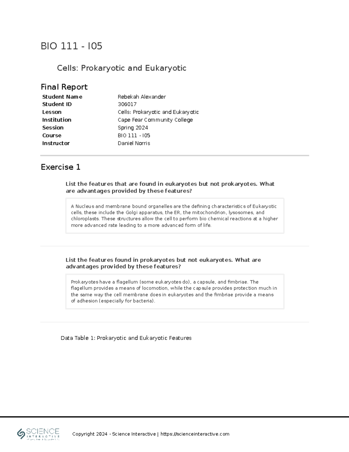 BIO 111 - I Lesson: Prokaryotic and Eukaryotic Cell Features Analysis ...