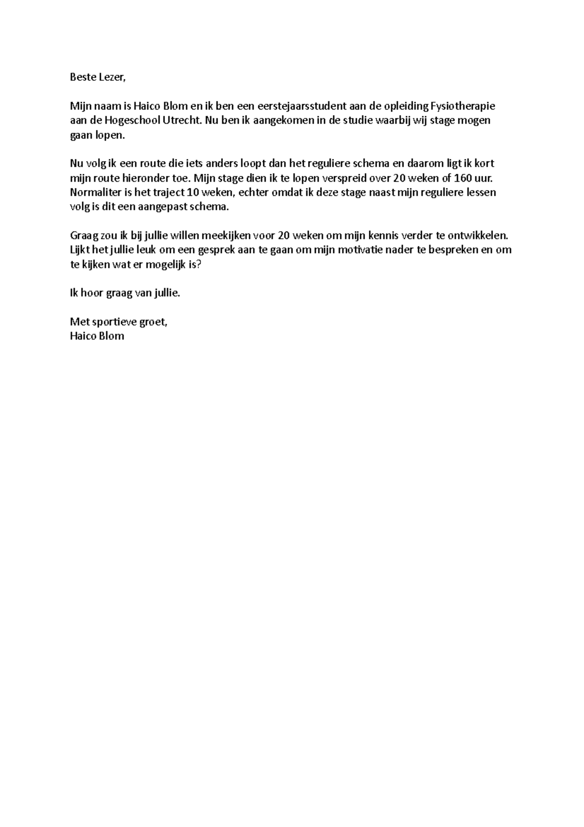 Stage Introducerende Brief voor Fysiotherapie Opleiding - Studeersnel