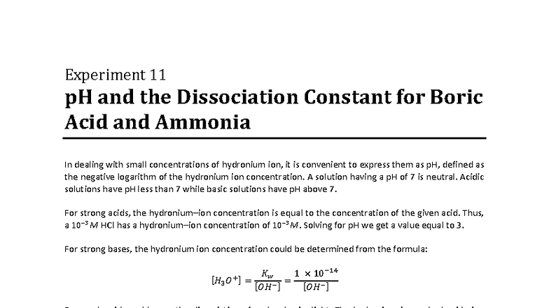 Experiment 11: pH & Dissociation Constants of Boric Acid & Ammonia ...