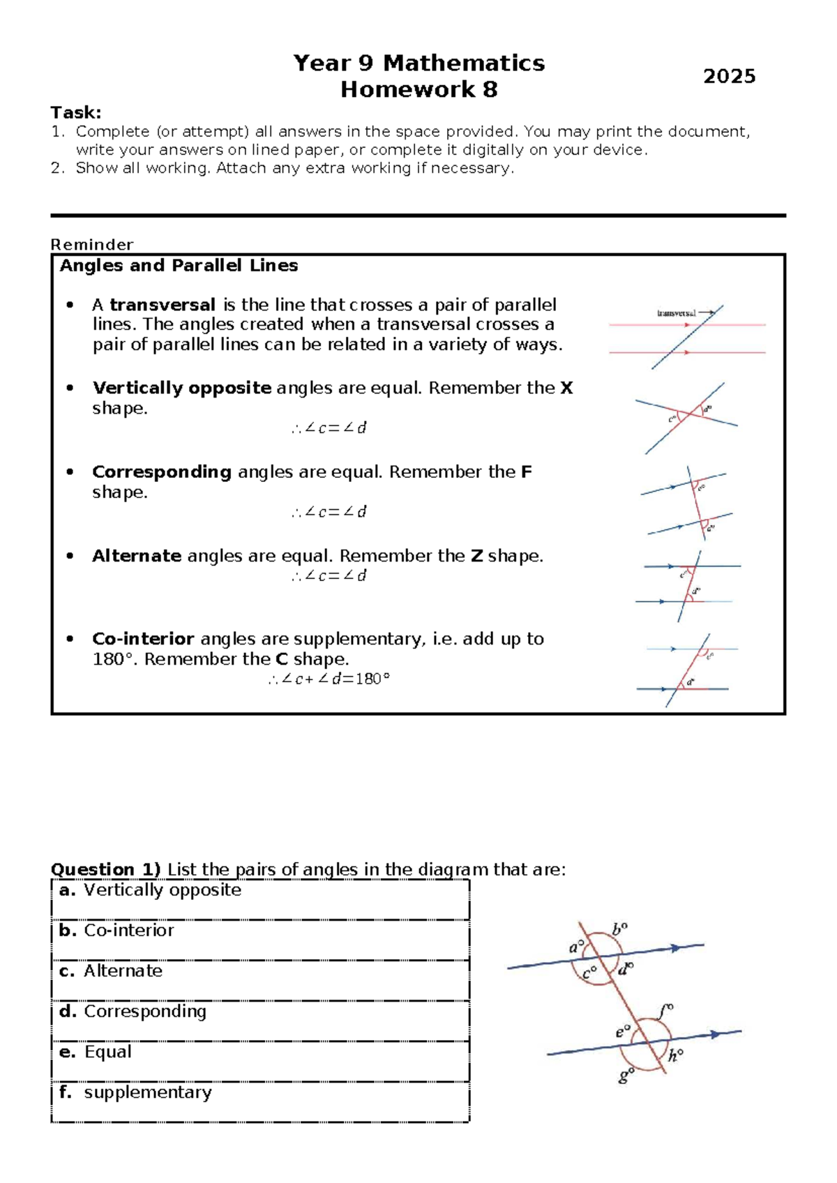 Year 9 Maths Homework 8: Angles & Parallel Lines Practice Test - Studocu