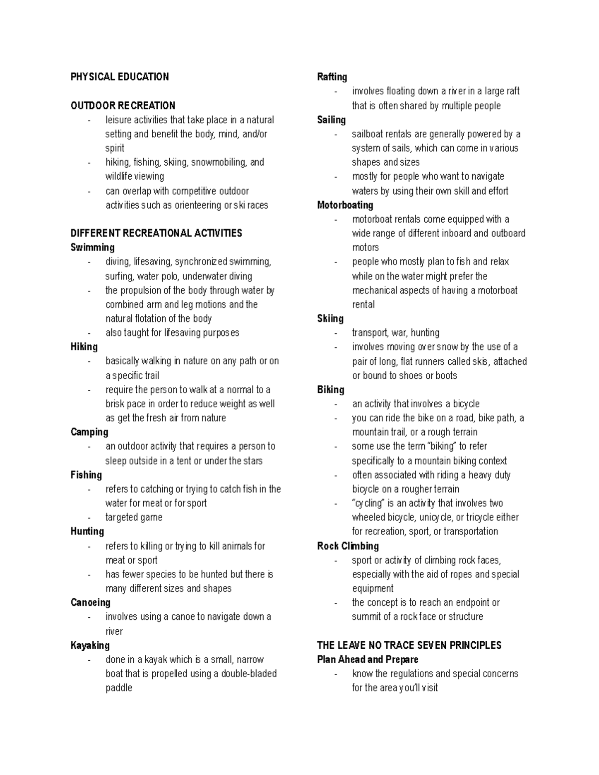 PE-Physical Education: Outdoor Recreation Activities and Principles ...