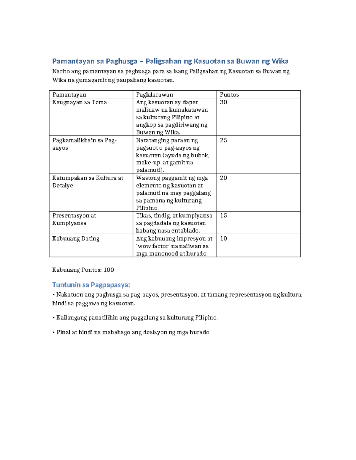 Pamantayan sa Paghusga ng Kasuotan sa Buwan ng Wika - Studocu