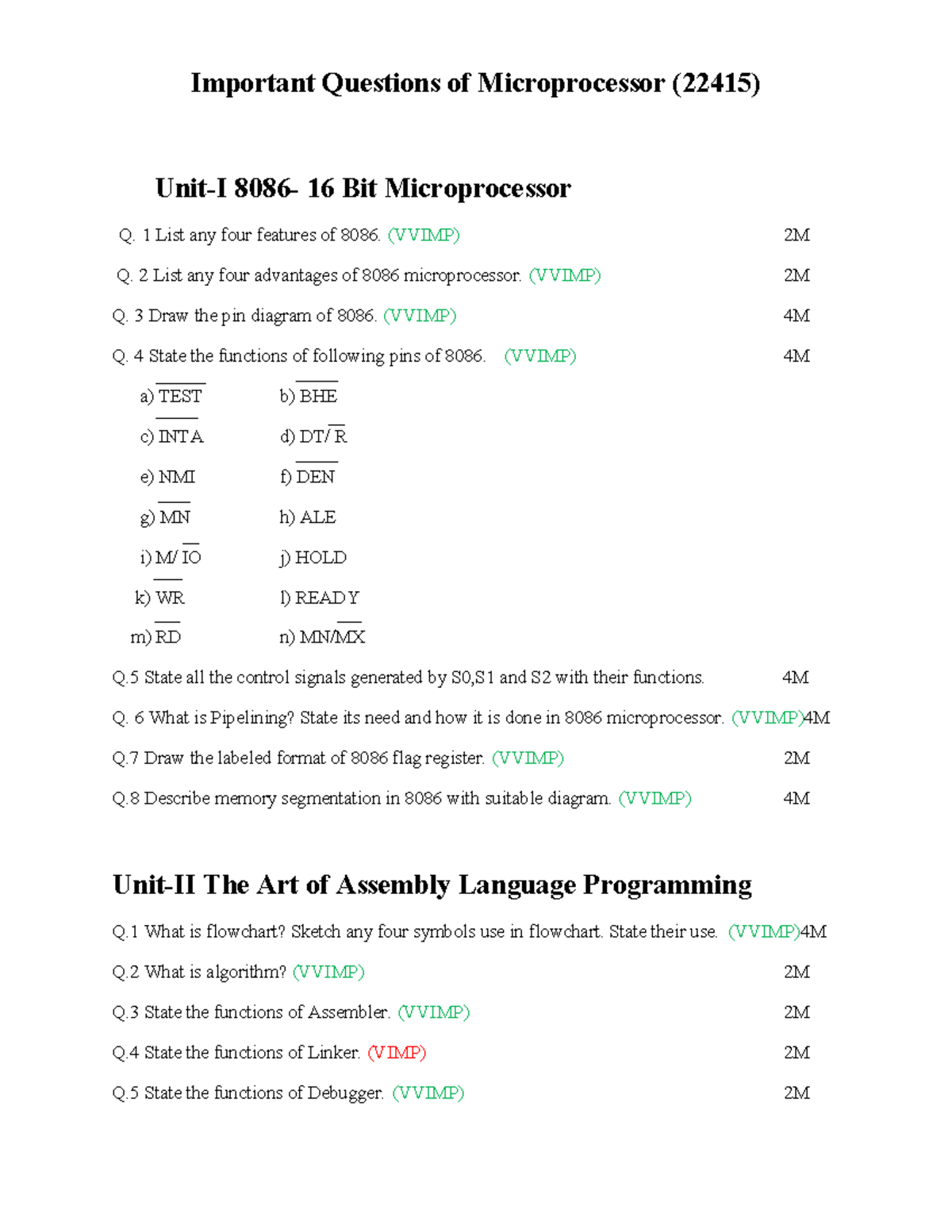 MIC Important Questions on Microprocessor (22415) Chapterwise - Studocu