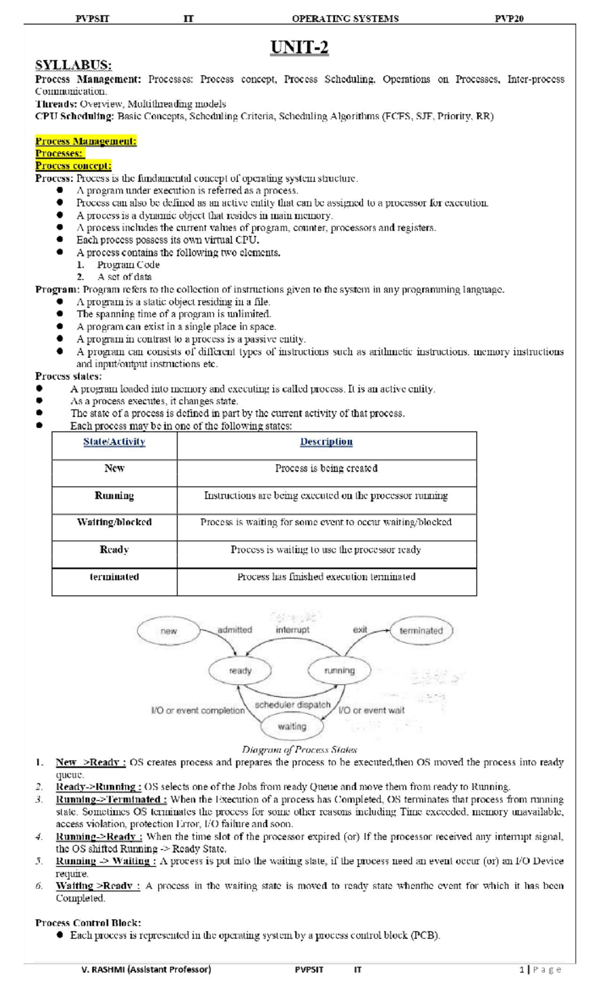 PVP20 OS Unit 2: Process Management and Scheduling Concepts - Studocu