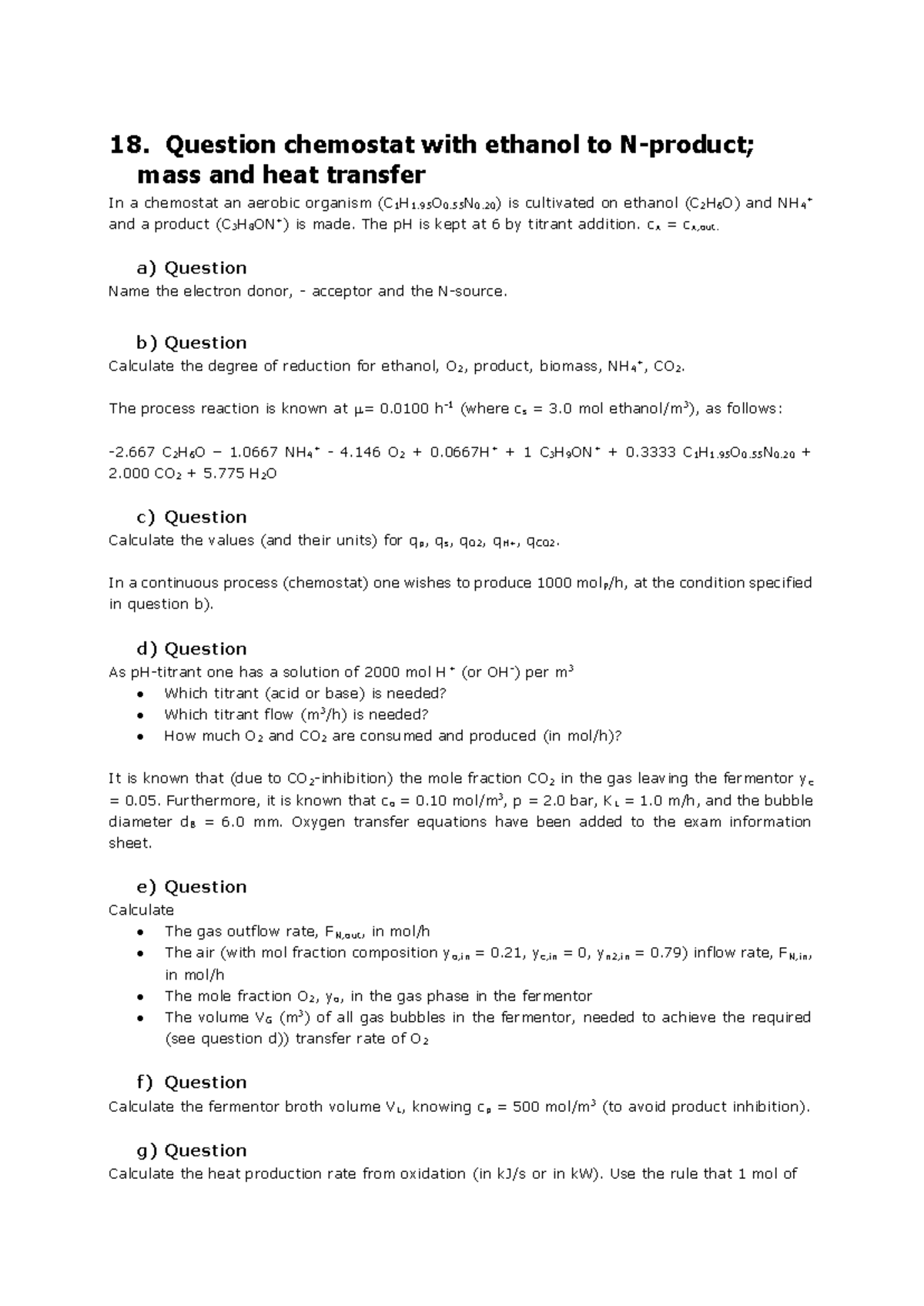 18. Chemostat Analysis: Ethanol Mass & Heat Transfer Exam Questions ...