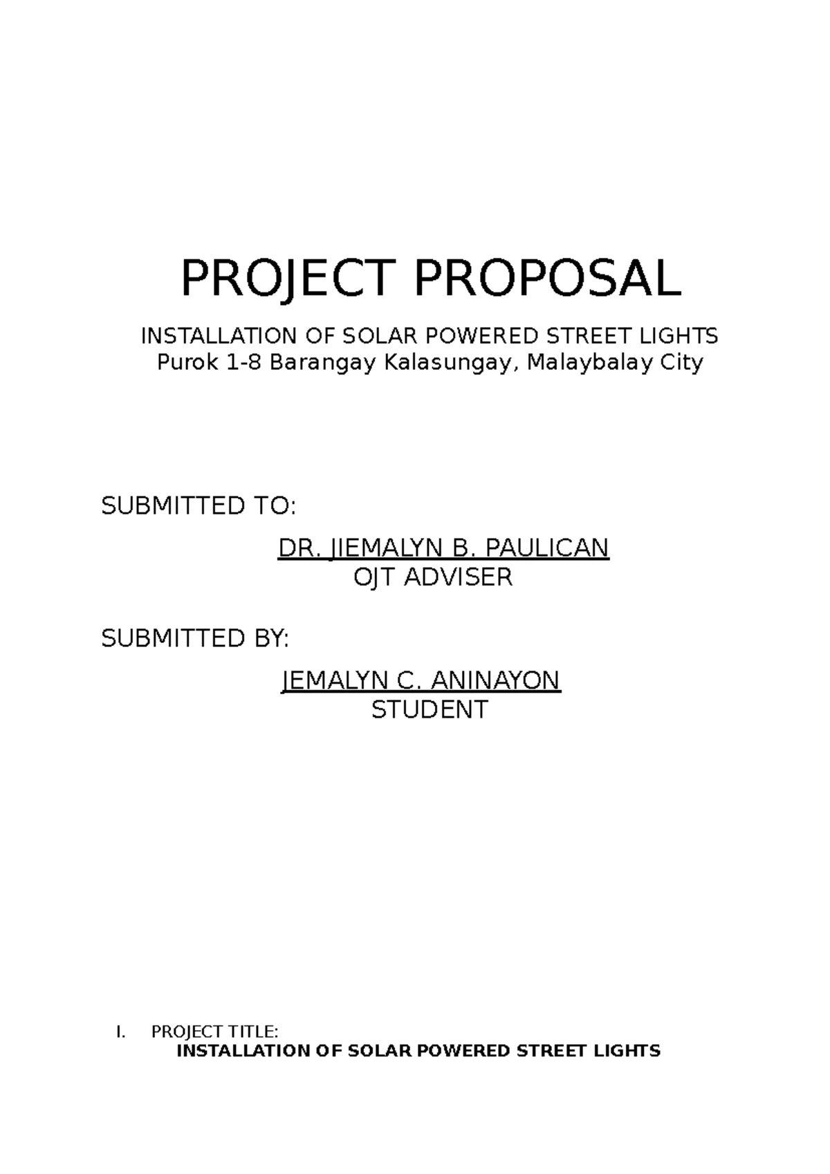 Project Proposal: Solar-Powered Street Lights Installation at Purok-2A ...
