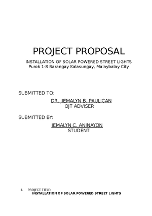 Sample Project Proposal Solar Power Street Lights - INSTALLATION OF ...
