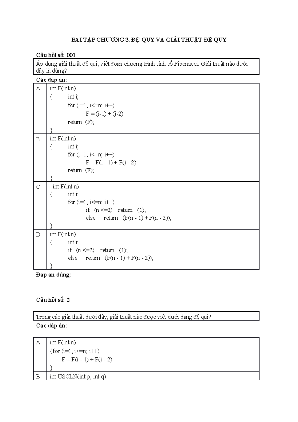 BTTN Chuong 3 De quy - đáp án - BÀI TẬP CHƯƠNG 3. ĐỆ QUY VÀ GIẢI THUẬT ...
