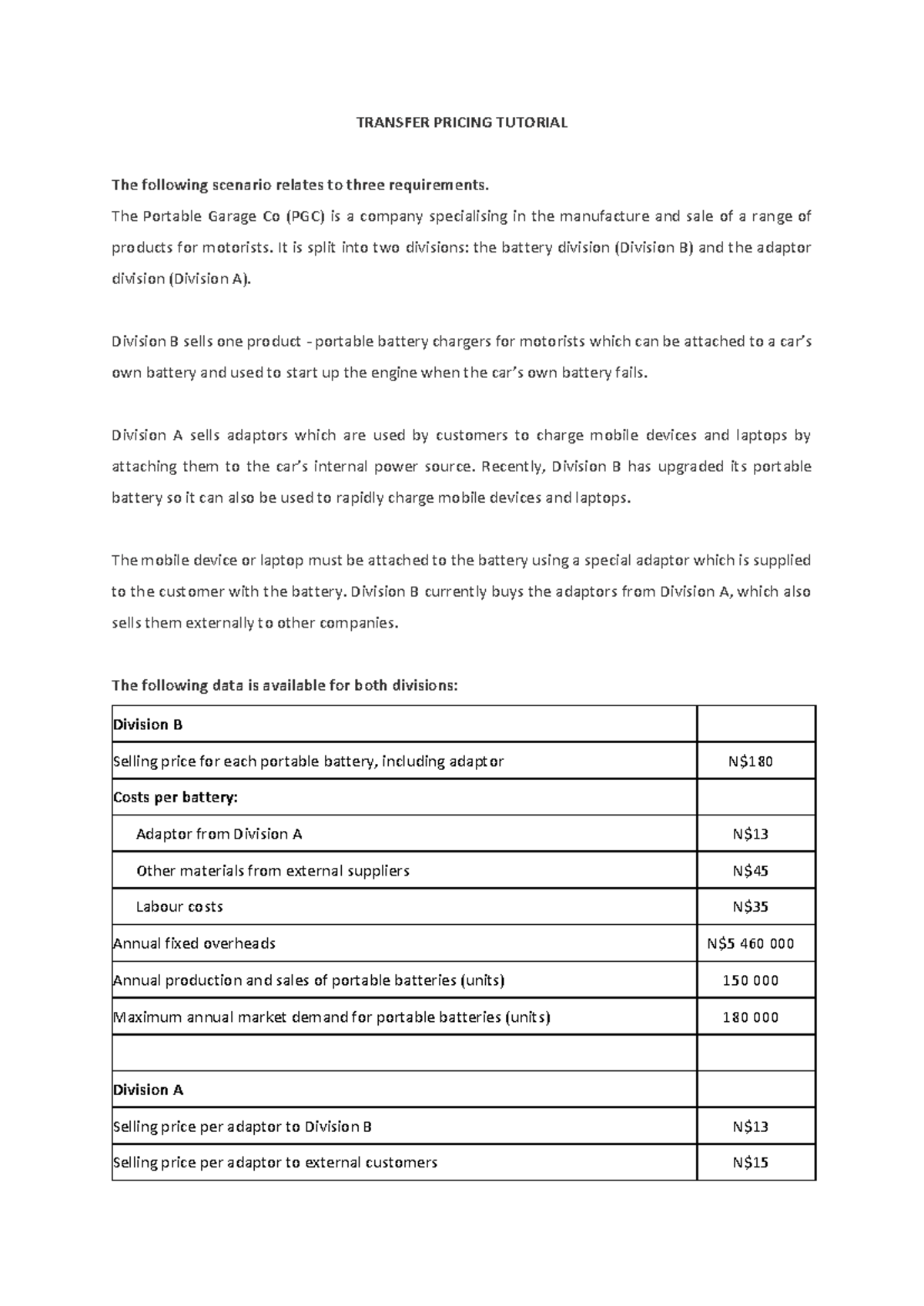 Transfer Pricing Tutorial - TRANSFER PRICING TUTORIAL The following ...