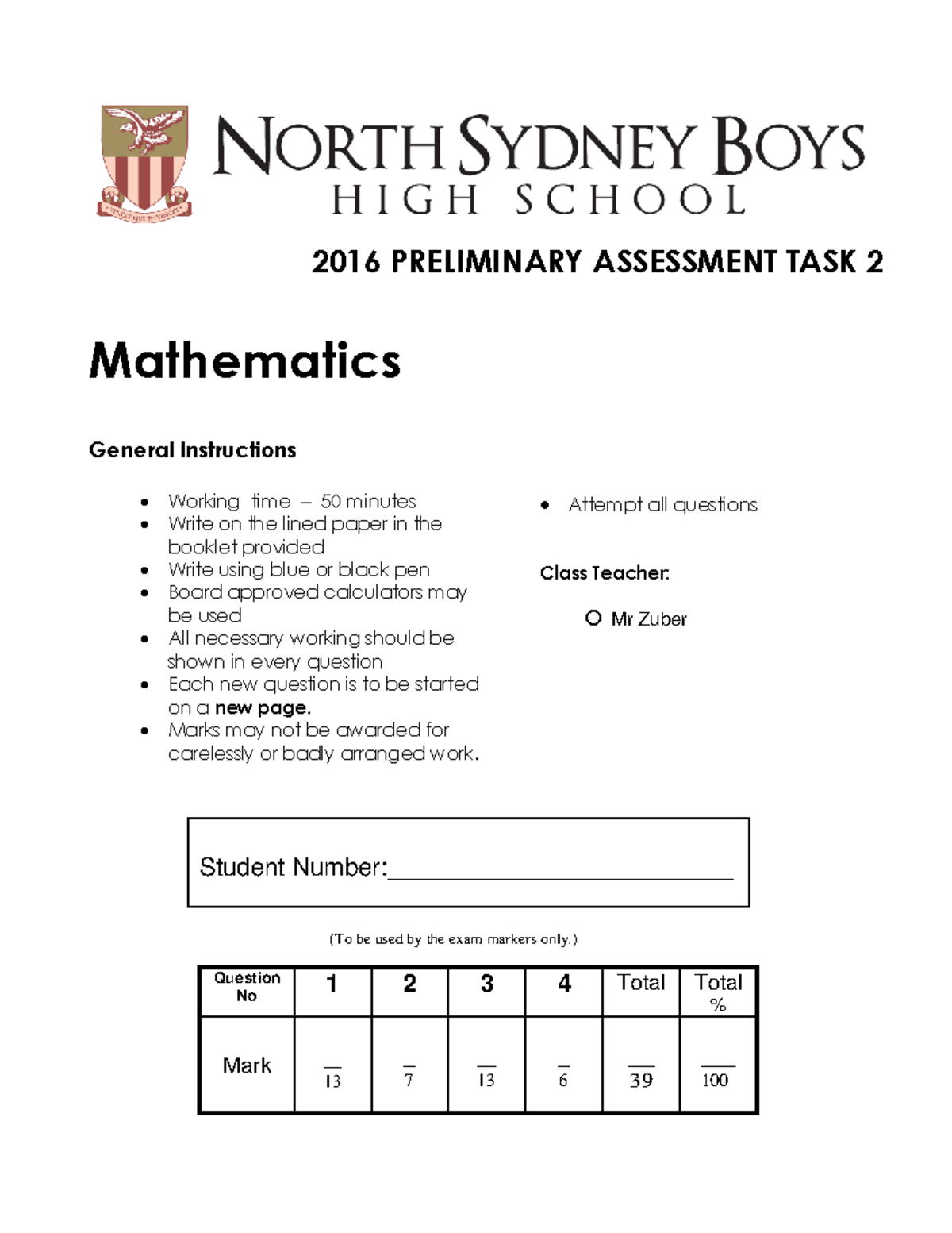 NSB Yr 11 2u 2016 Prelim Half-Yearly Mathematics Exam Paper - Studocu